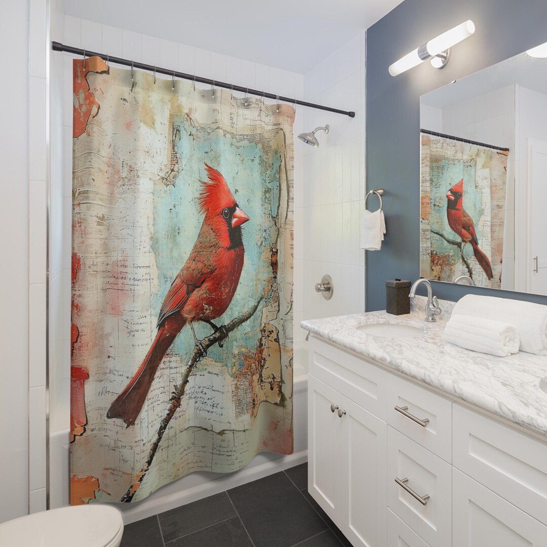 Vintage Red Cardinal Shower Curtain: Junk Journal Bird Decor - Etsy