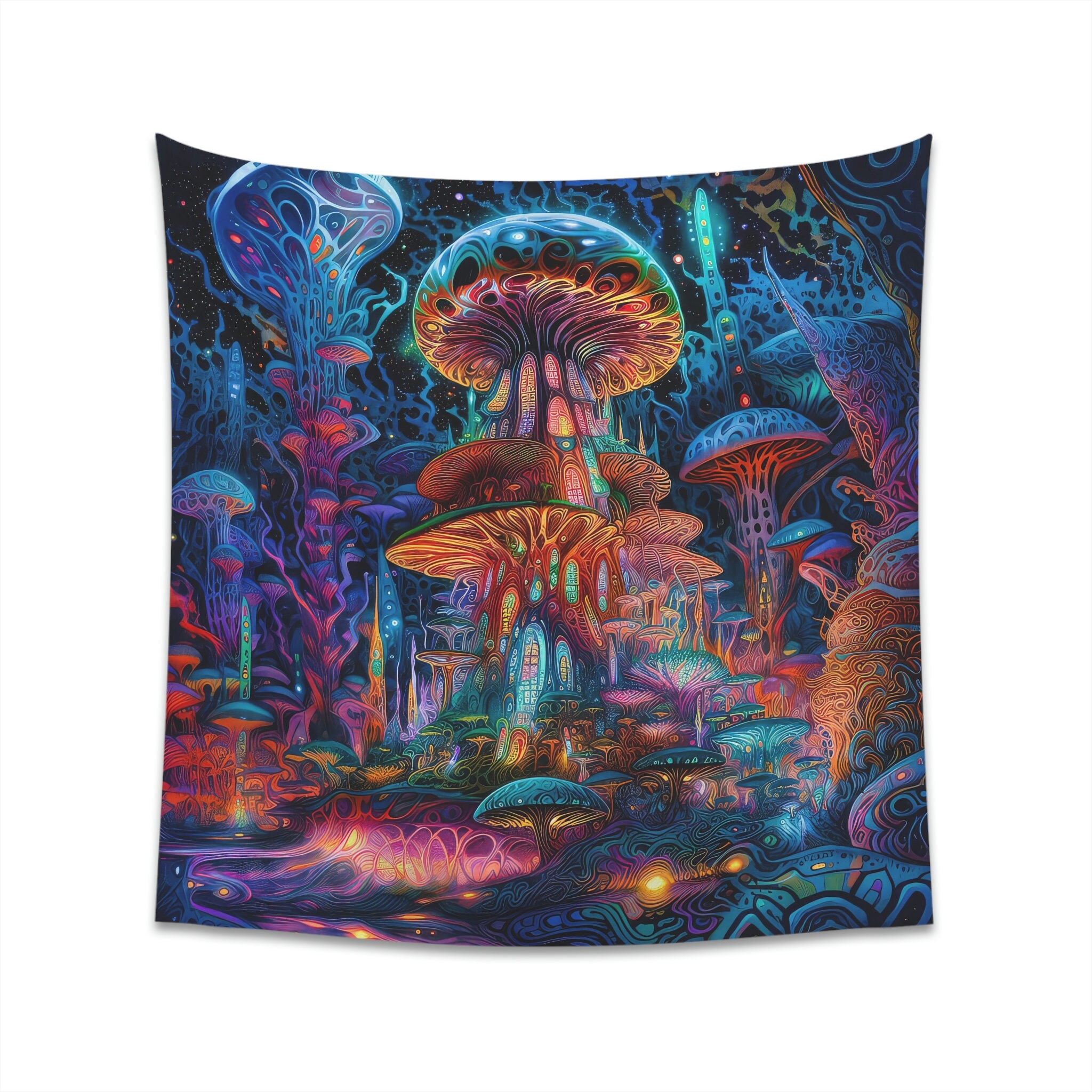Neon Mushroom Forest Tapestry: Psychedelic Wall Hanging, Vibrant Colors ...