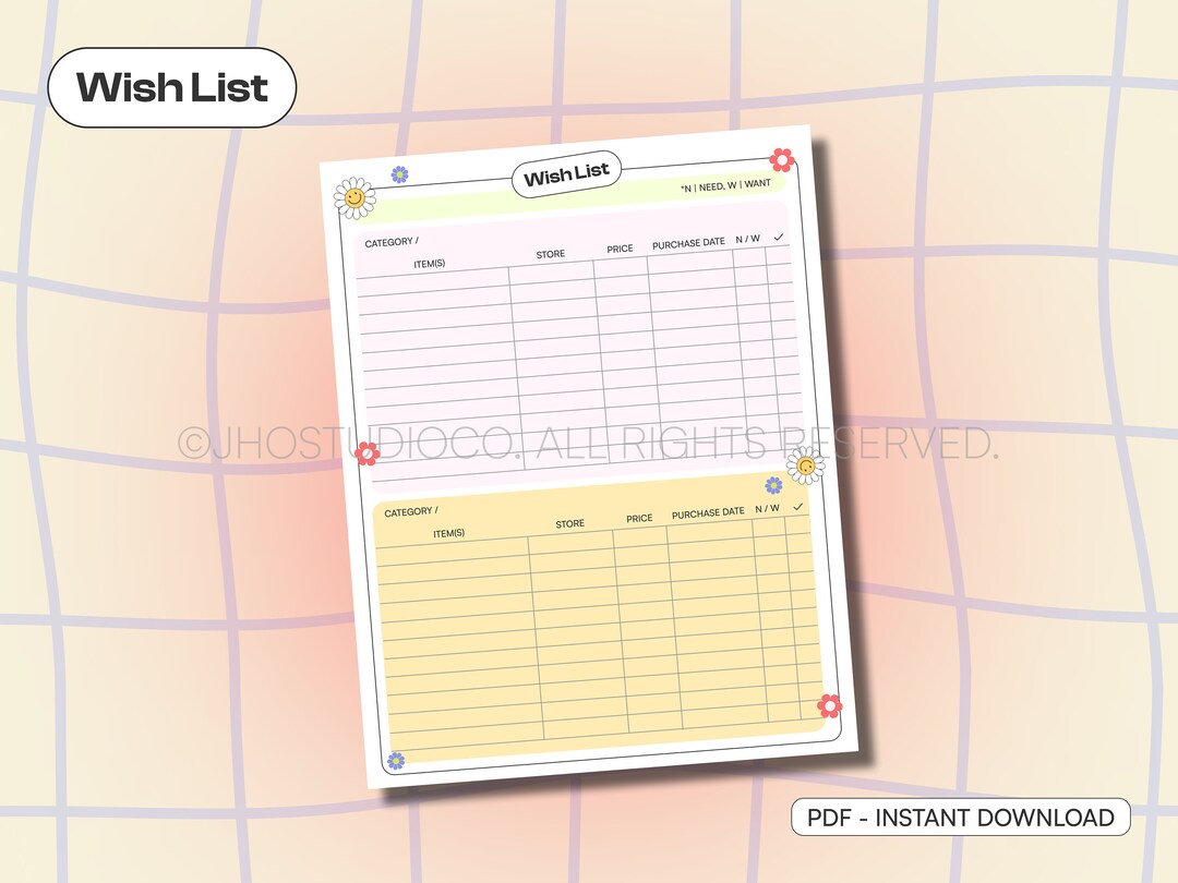 Wish List Printable PDF, Wish List Template, Purchase Tracker ...
