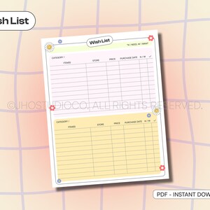 Wish List Printable PDF, Wish List Template, Purchase Tracker ...