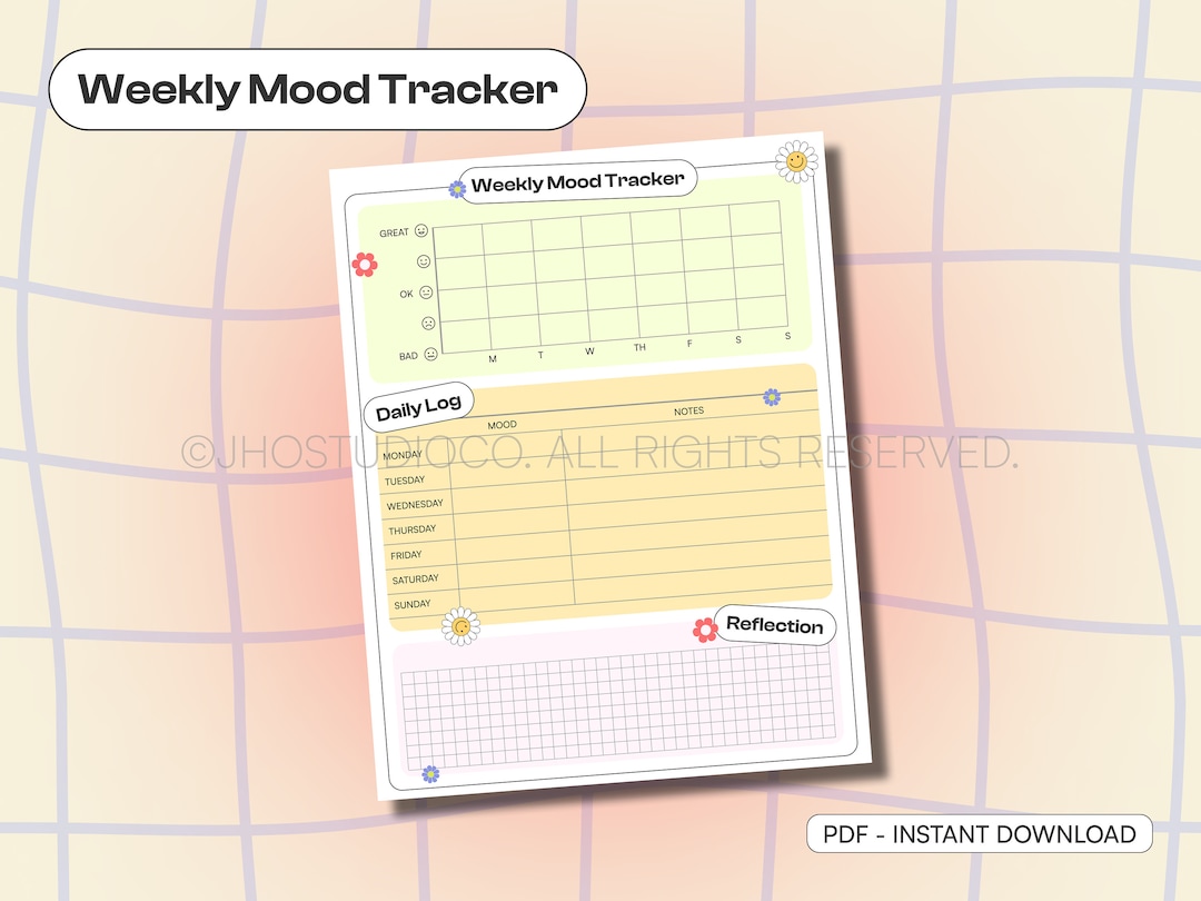 Weekly Mood Tracker Printable PDF, Daily Emotion Log, Weekly Mood Diary, Mood and Feelings Log ...