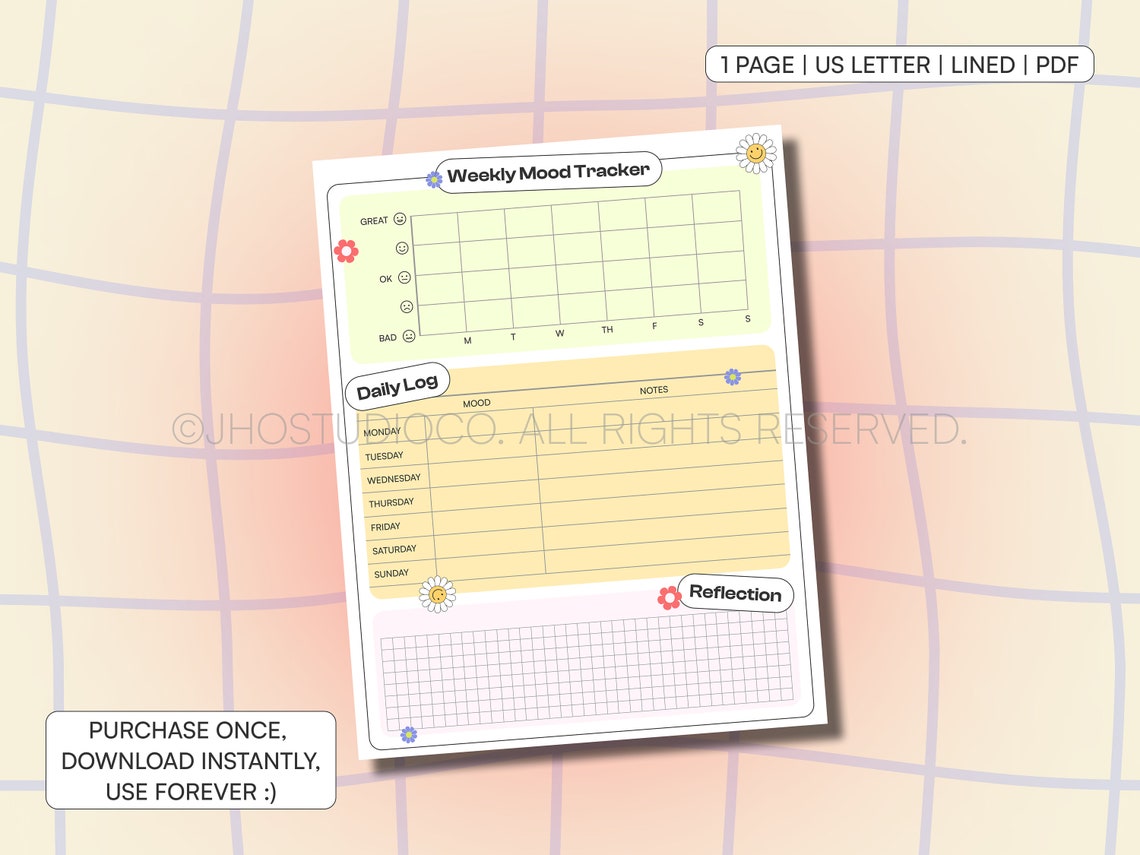 Weekly Mood Tracker Printable PDF, Daily Emotion Log, Weekly Mood Diary ...