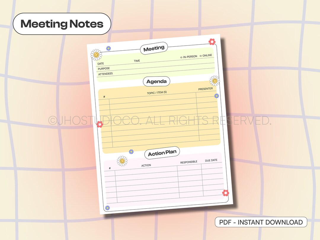 Meeting Notes Printable PDF, Meeting Agenda Template, Productivity ...