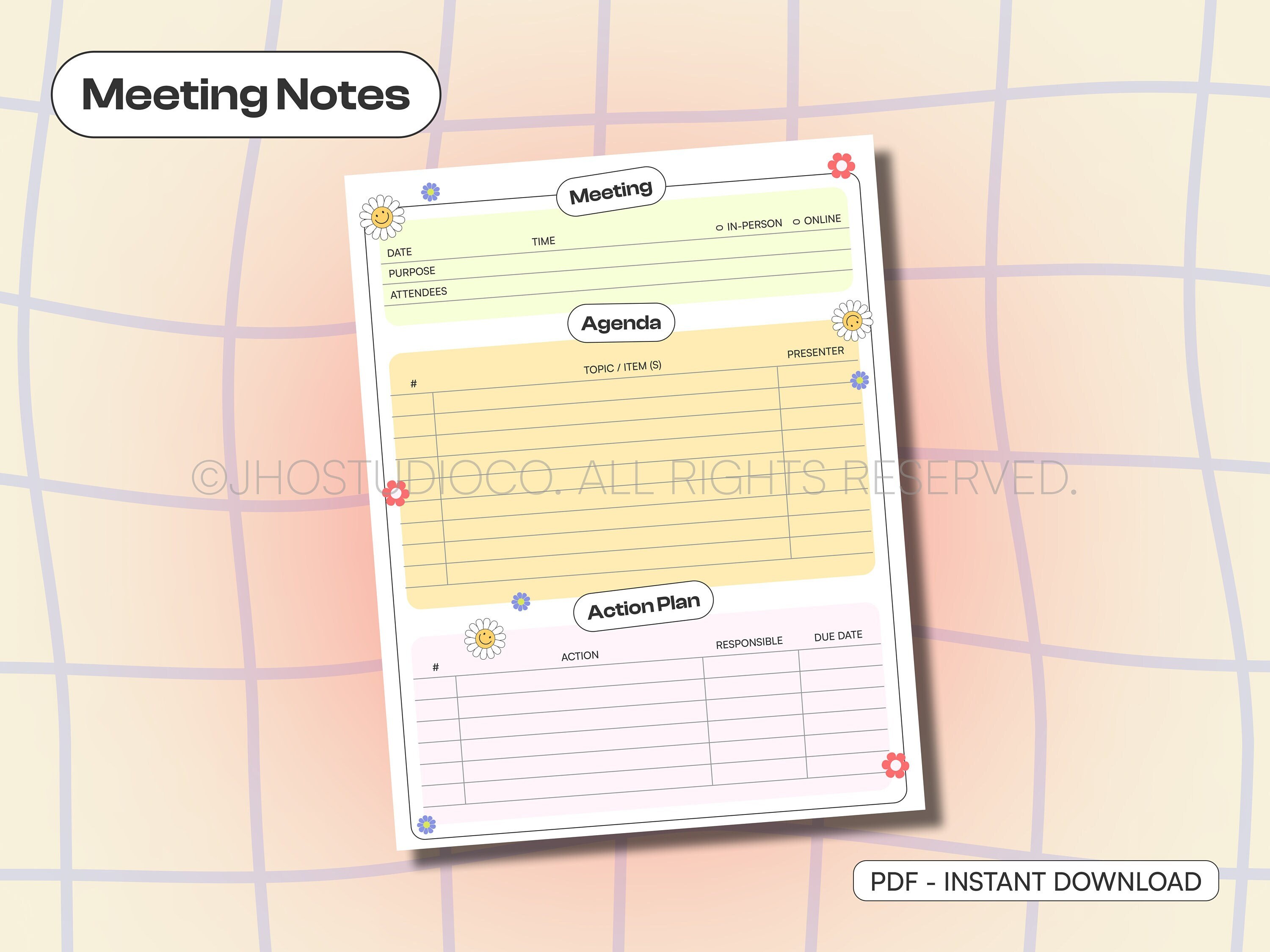 Meeting Notes Printable PDF, Meeting Agenda Template, Productivity ...