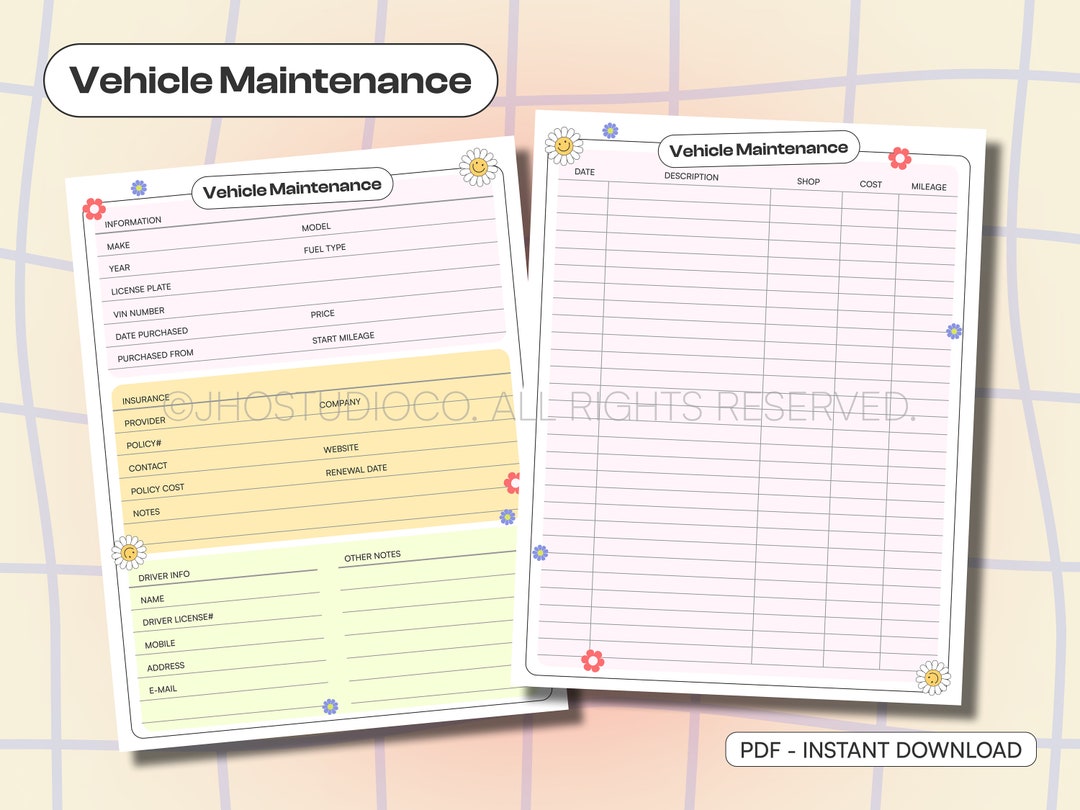 Vehicle Maintenance Printable PDF, Vehicle Maintenance Template ...