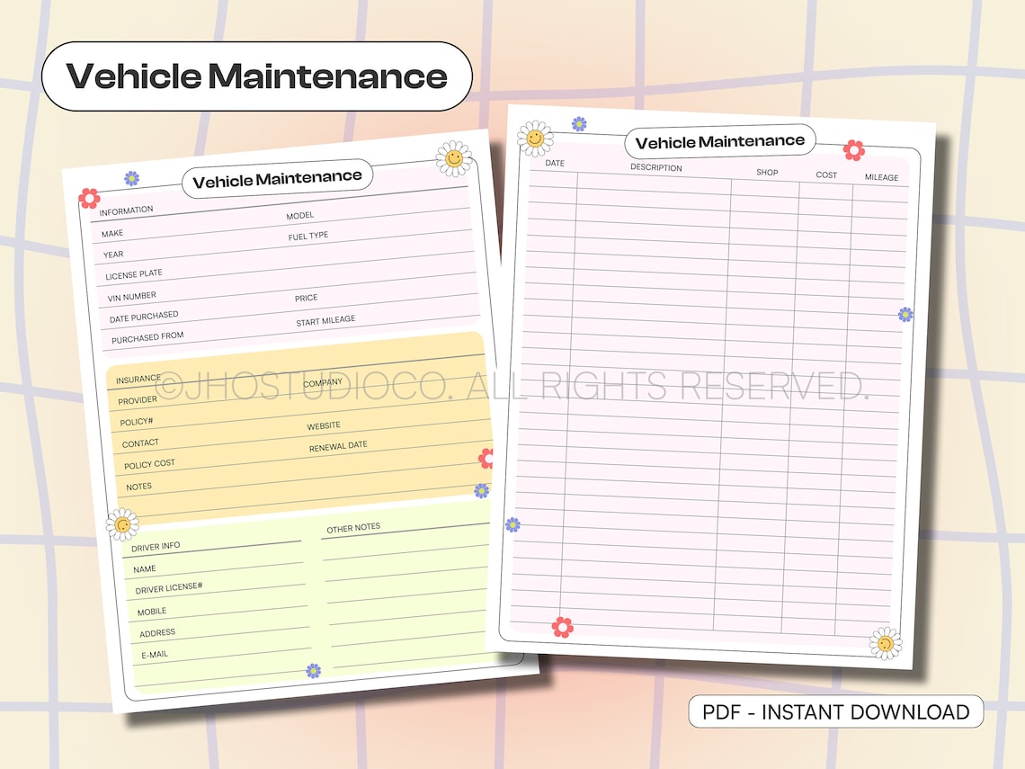 Vehicle Maintenance Printable PDF, Vehicle Maintenance Template ...