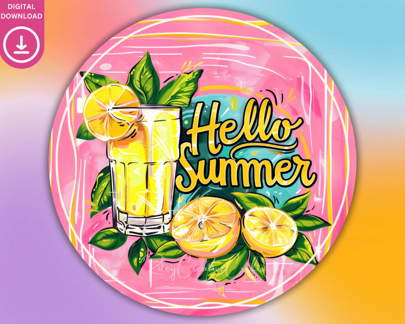 Hello Summer Round Sign PNG, Lemon Door Hanger Printable Beach Sign ...