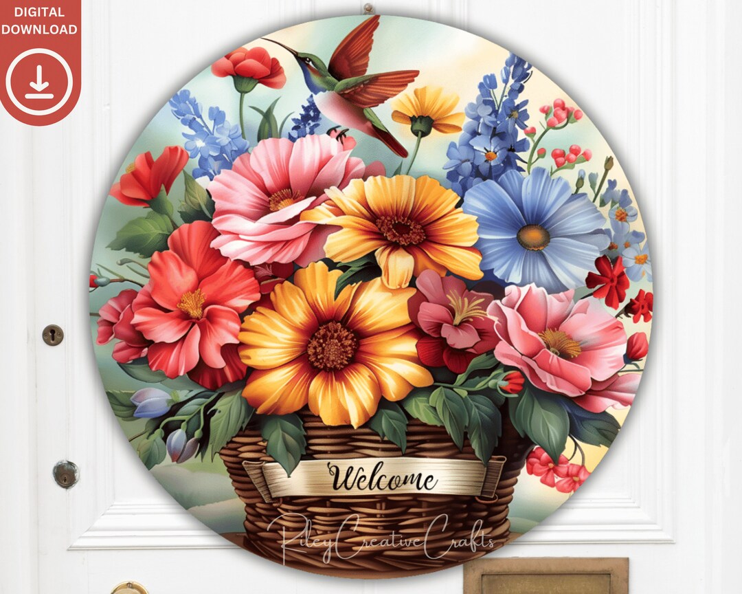 Summer Floral Door Sign PNG, Spring Welcome Door Hanger Humming Bird ...