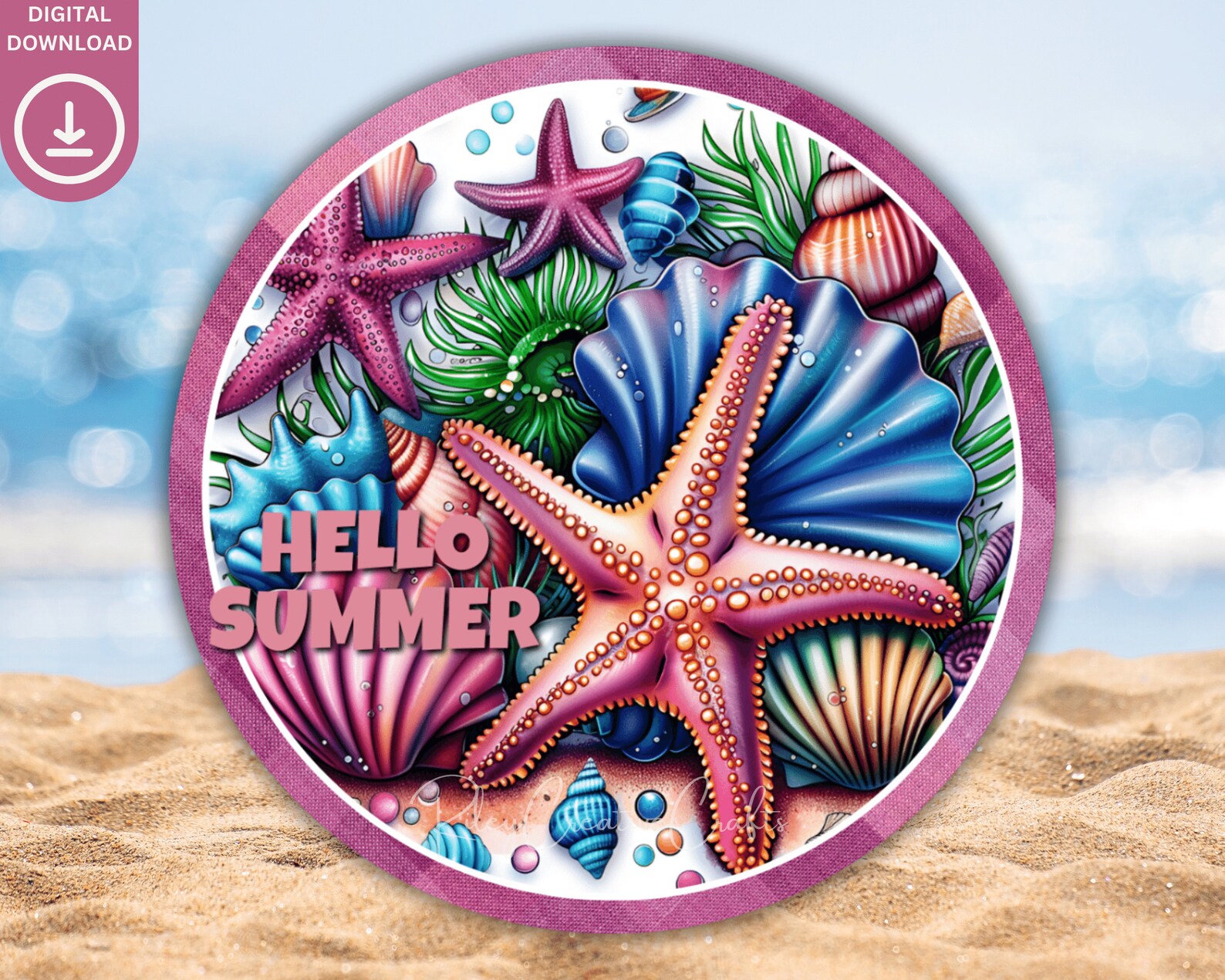 Hello Summer Round Door Sign PNG, Beach House Front Door Decor Digital ...