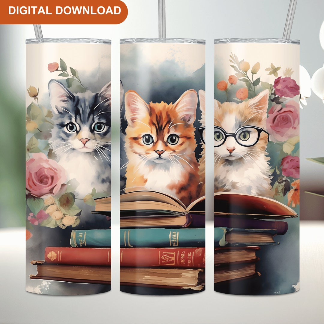 Funny Nerd Cats Tumbler Wrap PNG, Stack of Books 20 Oz Skinny Tumbler ...