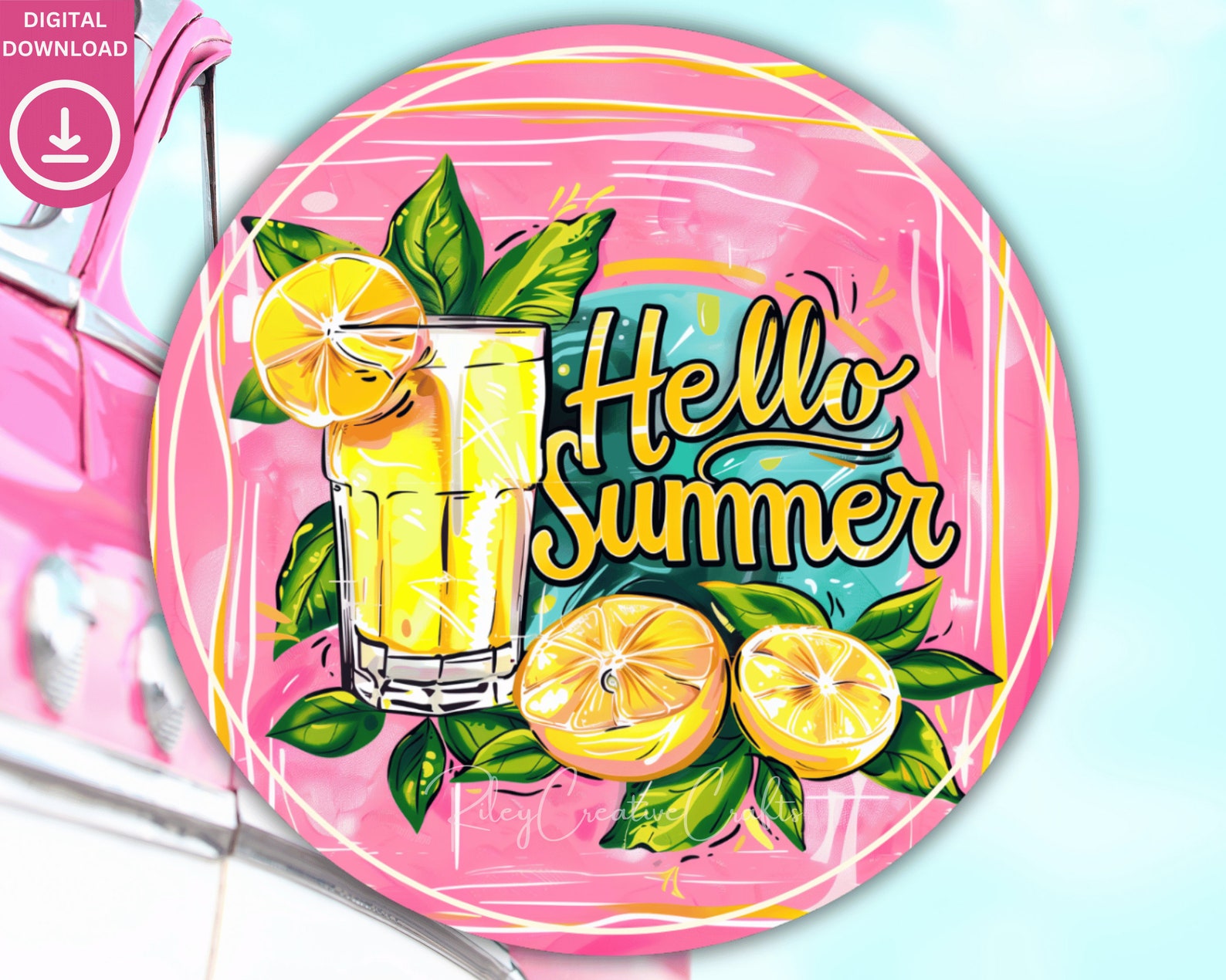 Hello Summer Round Sign PNG, Lemon Door Hanger Printable Beach Sign ...