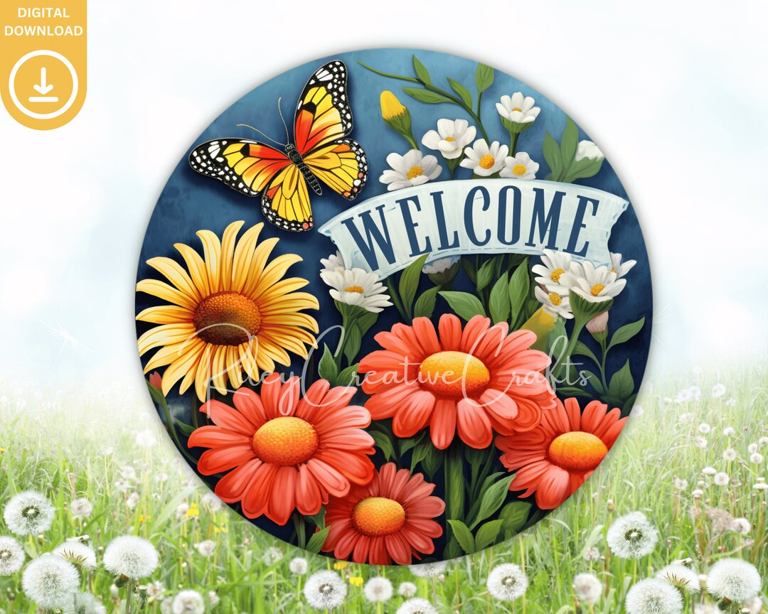 Round Door Hanger Spring, Flower Door Sign PNG, Welcome Wreath ...