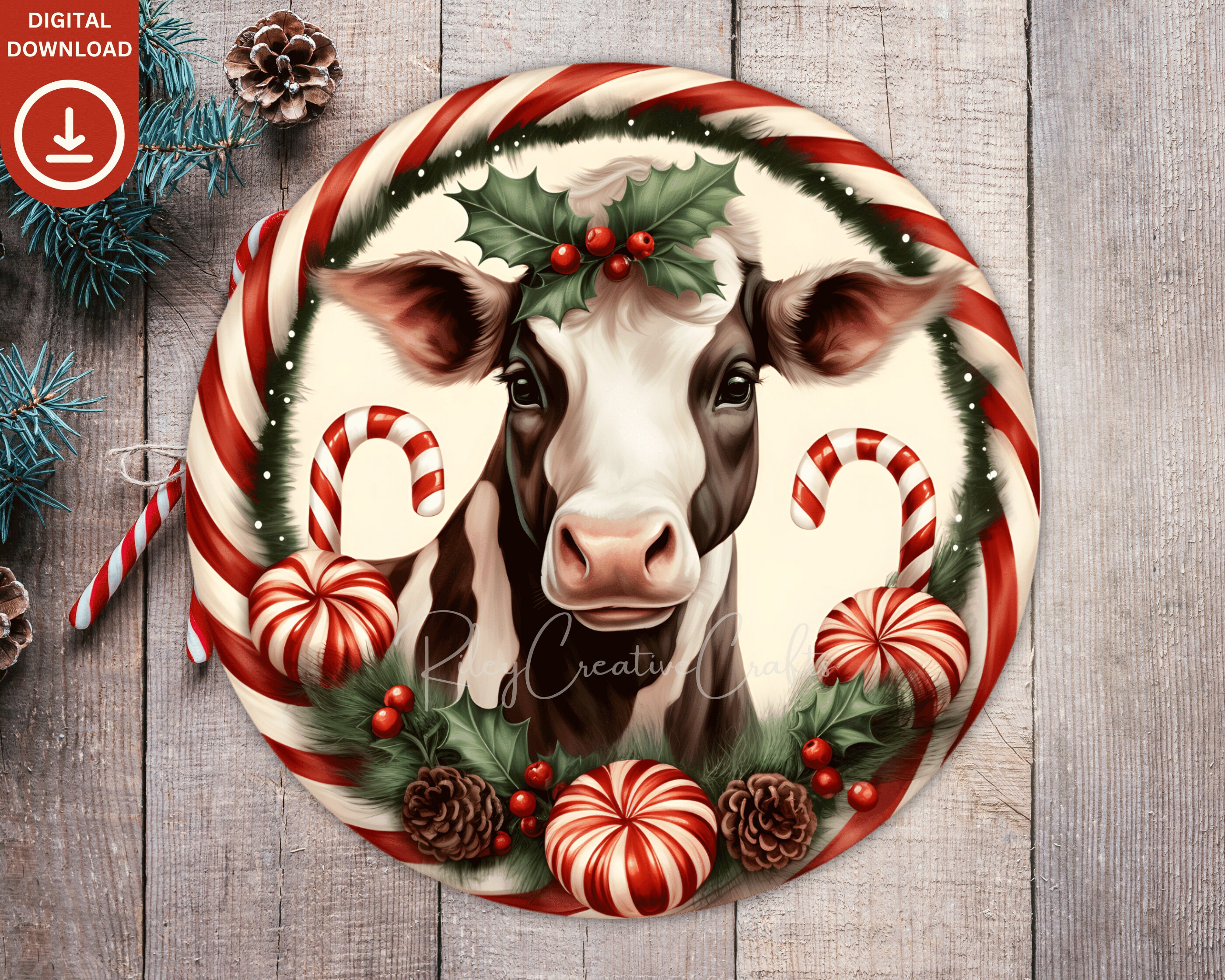 3D Christmas Wreath Sign PNG, Cow Door Sign PNG, Christmas Cow Door ...