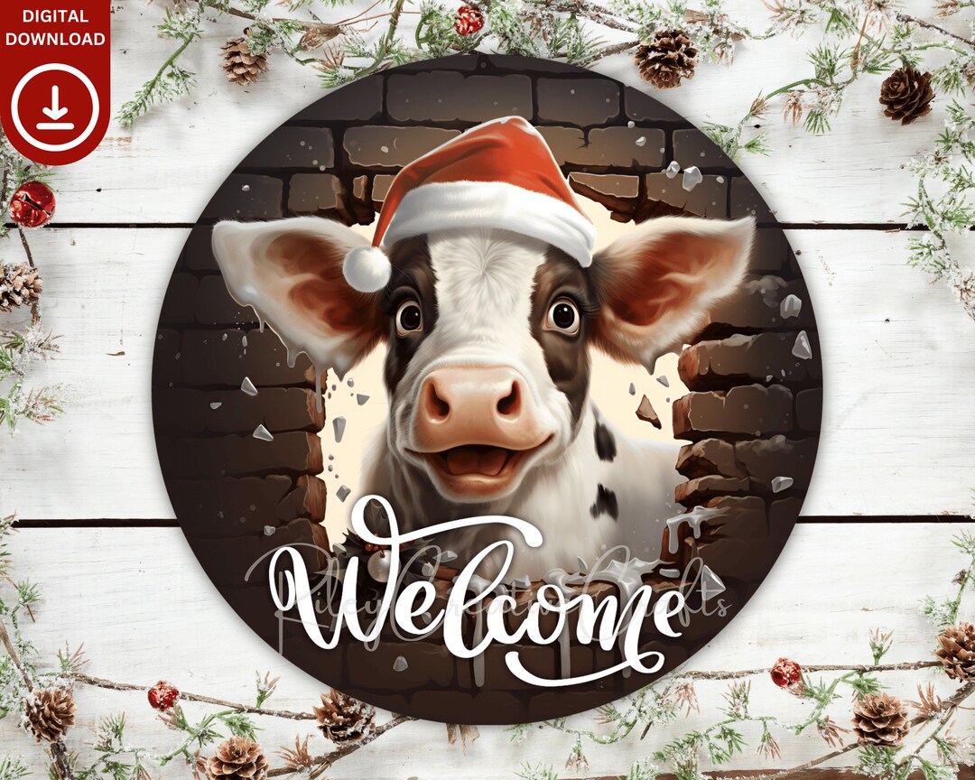 Christmas Dairy Cow Wreath Sign PNG, Rustic Ranch Door Sign Round PNG ...