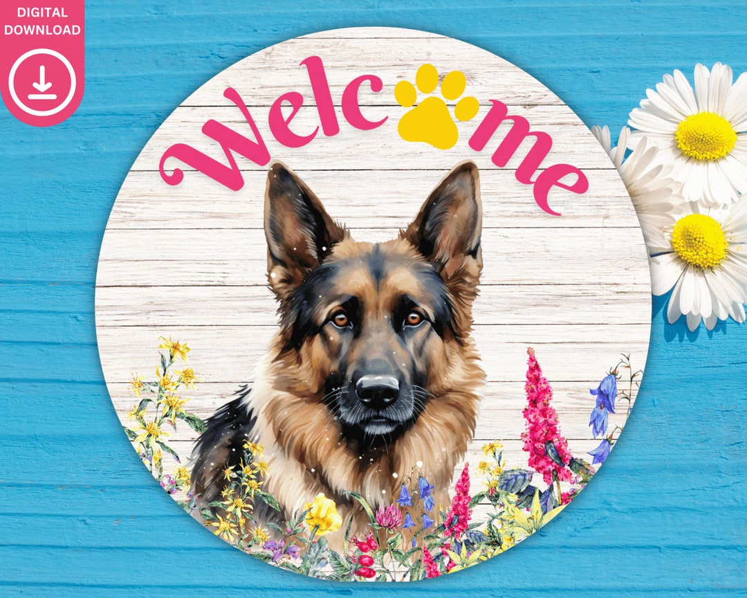 German Shepherd Welcome Door Sign PNG, Dog Wreath Sublimation Design ...