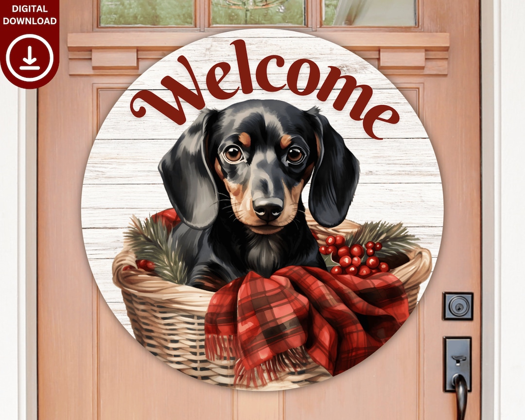 Dachshund Dog Welcome Sign Round PNG, Christmas Door Hanger Winter ...