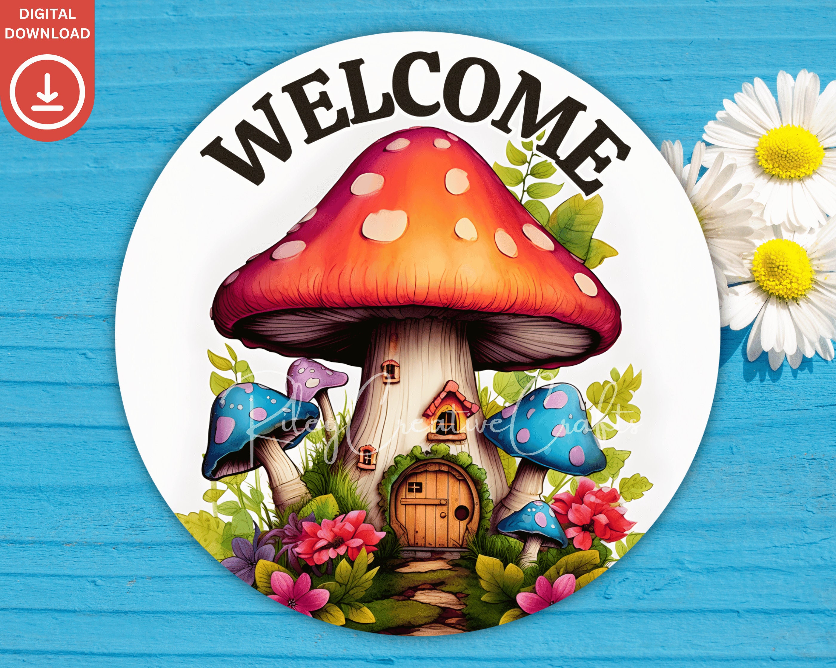 Mushroom Welcome Door Sign PNG Spring Round Door Hanger - Etsy