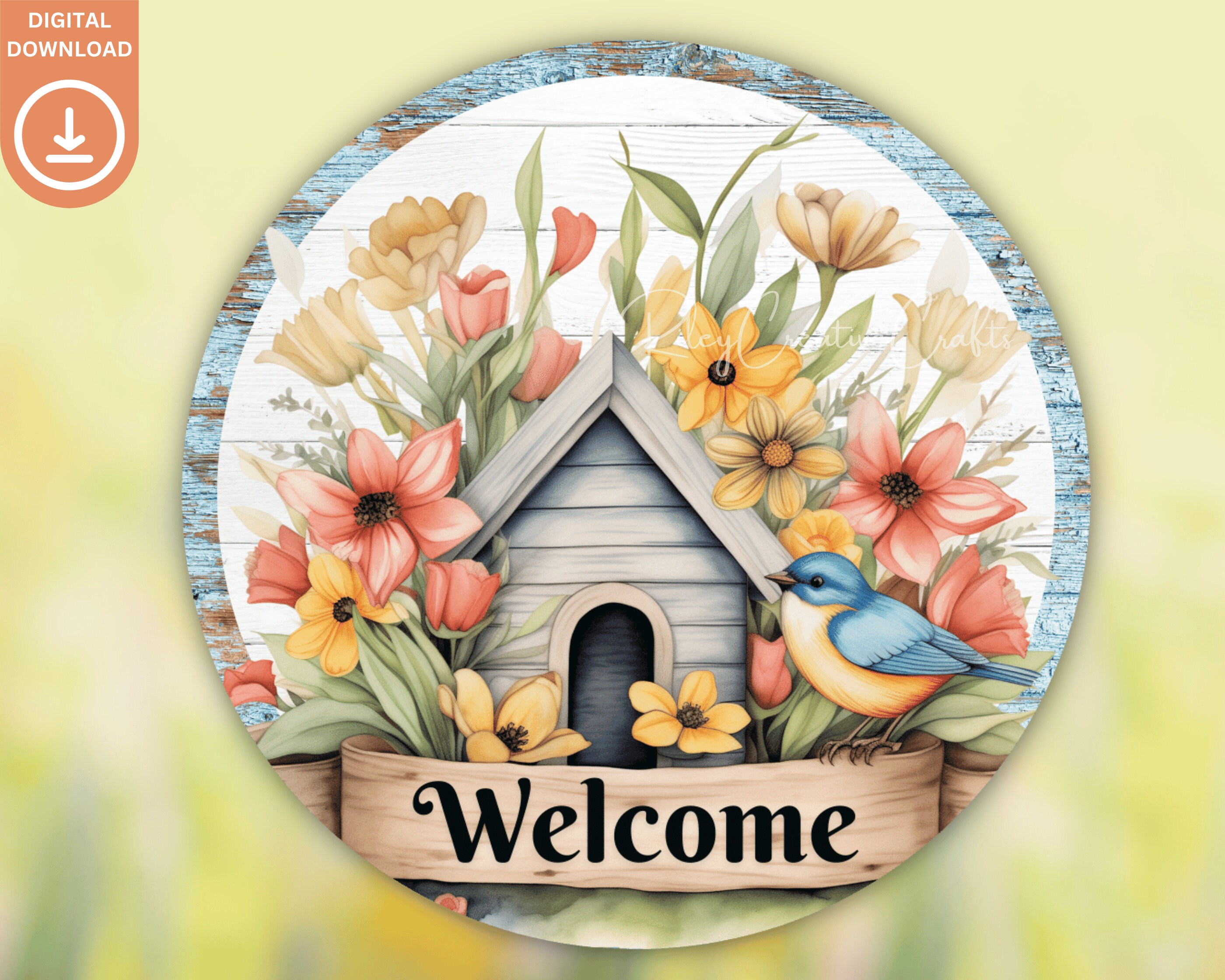 Spring Welcome Door Sign Round PNG, Birdhouse Springtime Wreath ...