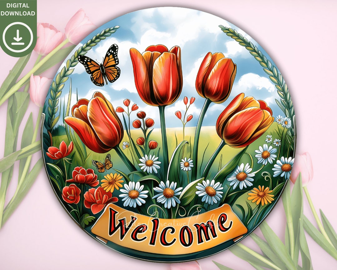 Spring Wreath Sign PNG, Tulips Door Sign Digital, Welcome Wreath ...