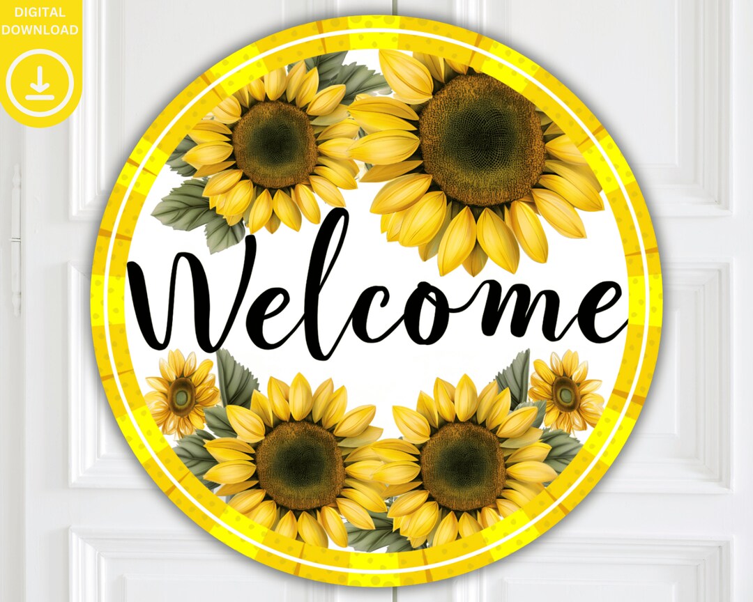 Sunflower Door Hanger Round PNG, Summer Door Sign, Welcome Wreath ...