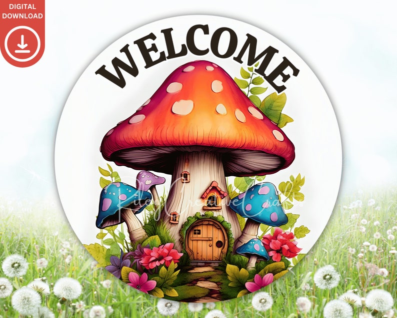 Mushroom Welcome Door Sign PNG, Spring Round Door Hanger, Toadstool ...