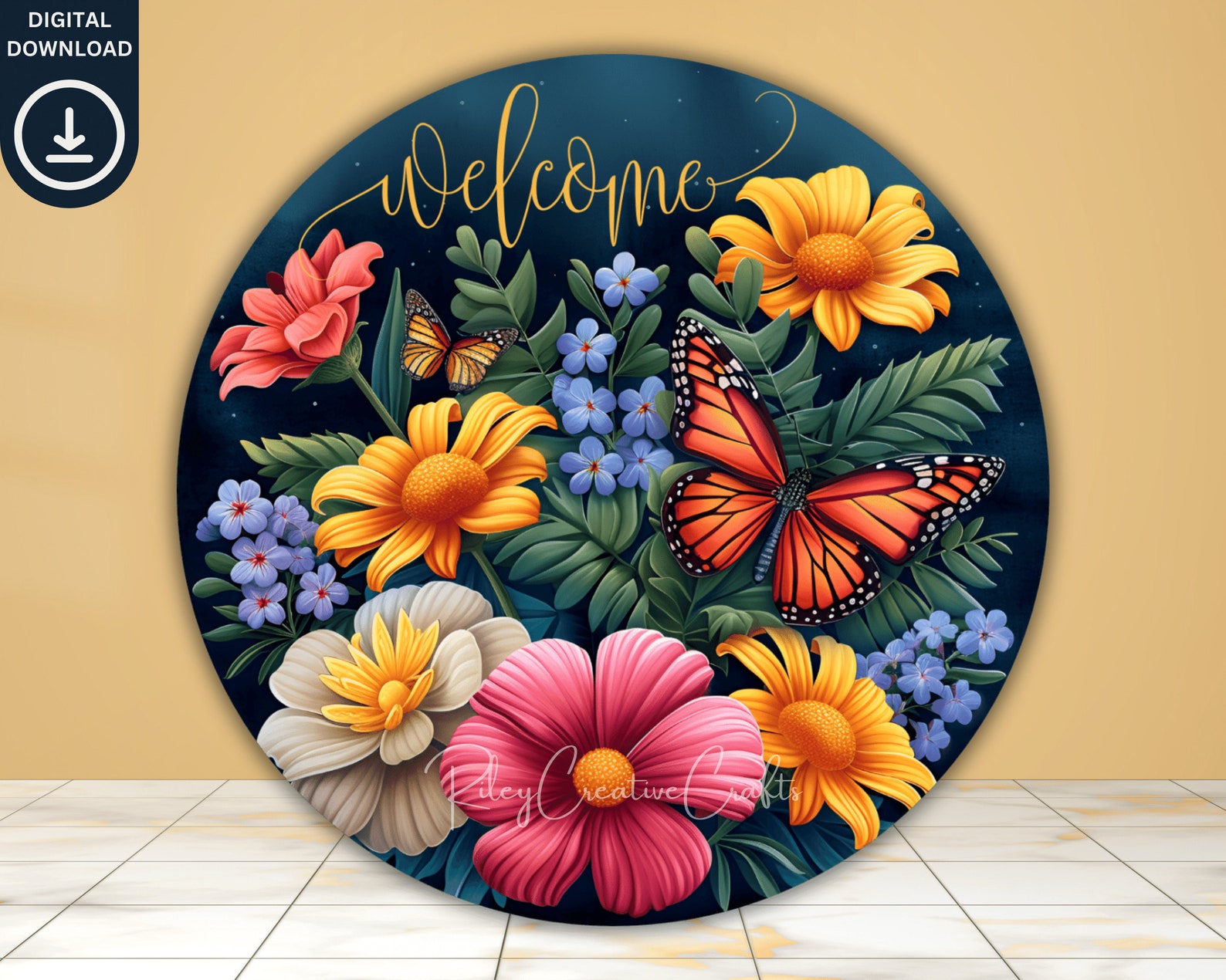 Spring Welcome Door Sign PNG, Round Botanical Wall Plate Sublimation ...