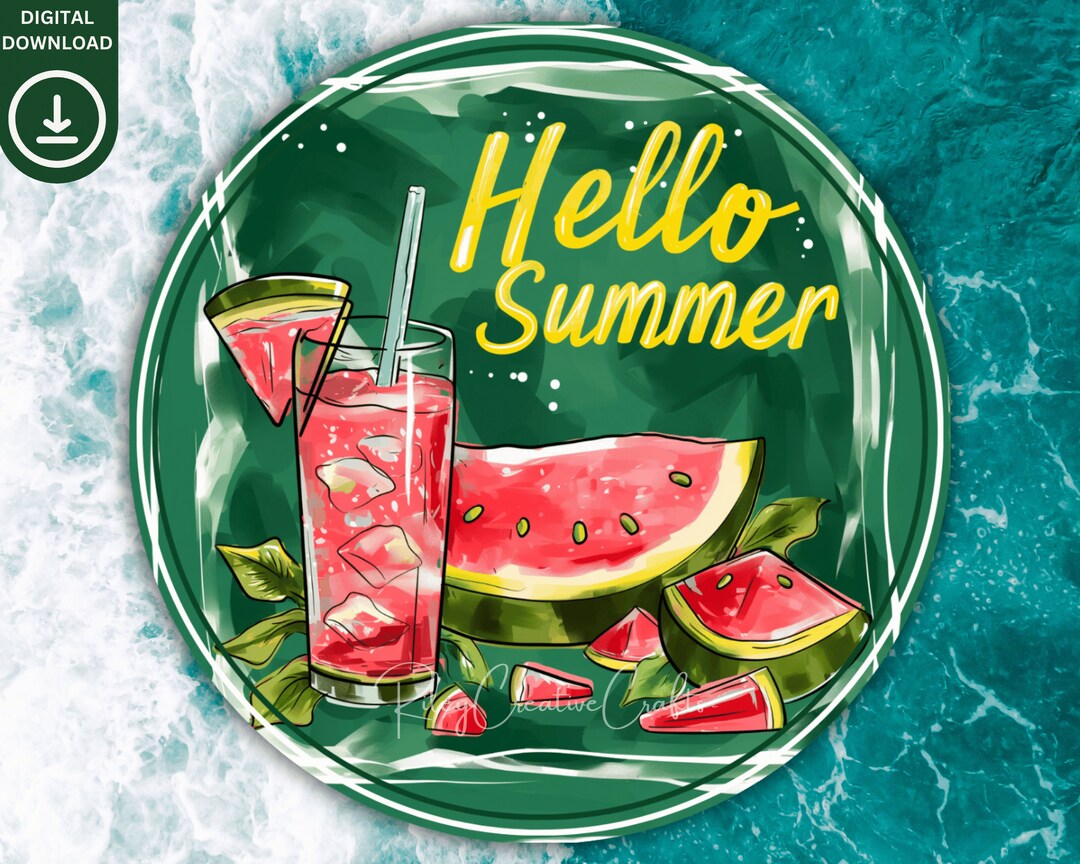 Hello Summer Round Sign PNG, Watermelon Door Hanger Printable Beach ...