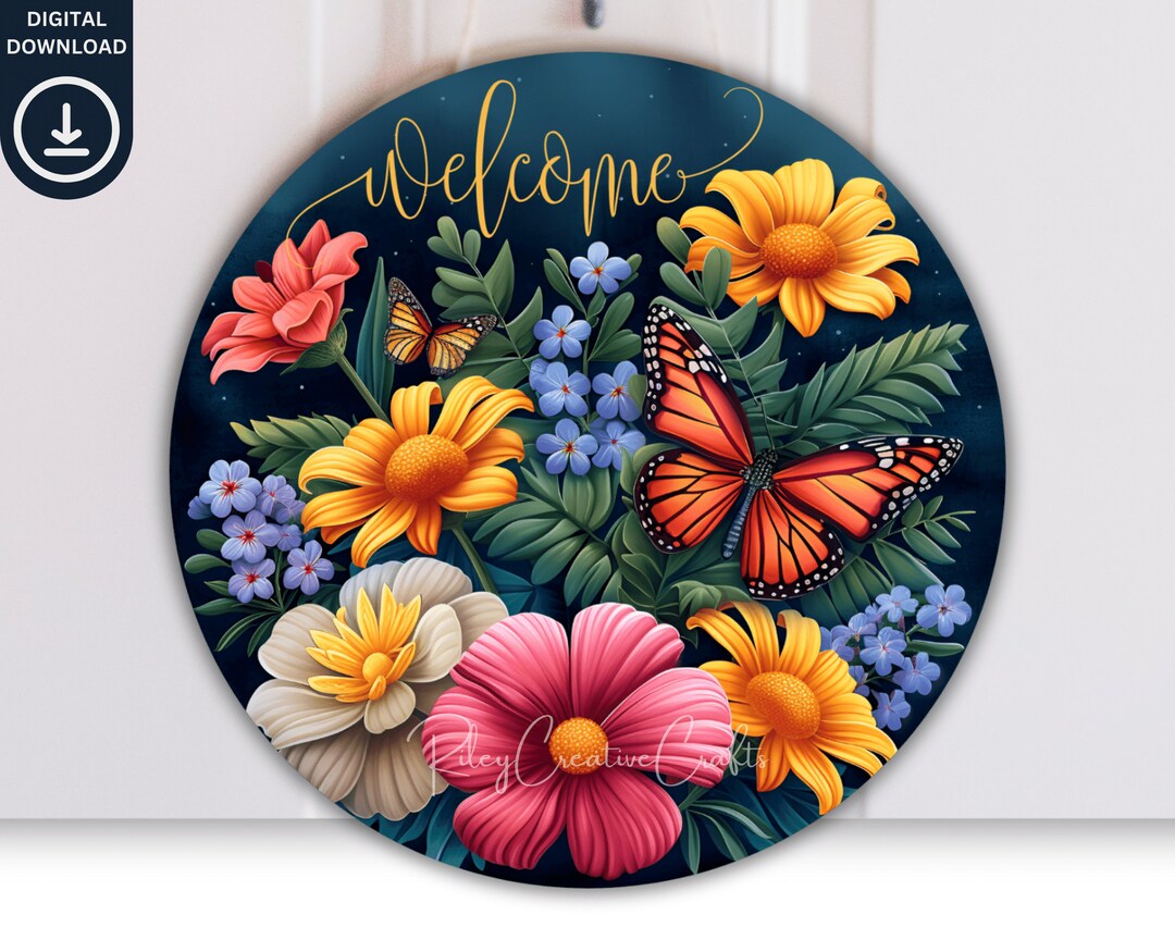 Spring Welcome Door Sign PNG, Round Botanical Wall Plate Sublimation ...