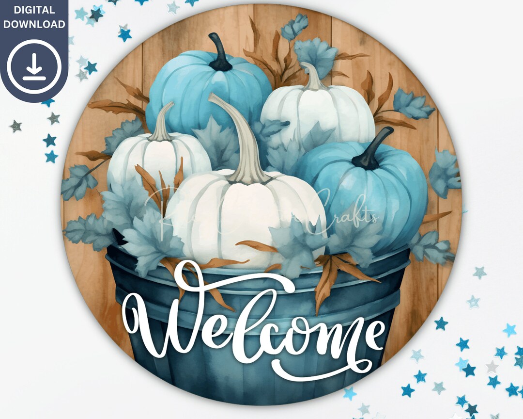 Fall Sublimation Round Door Hanger PNG, Blue Pumpkins Wreath Sign ...