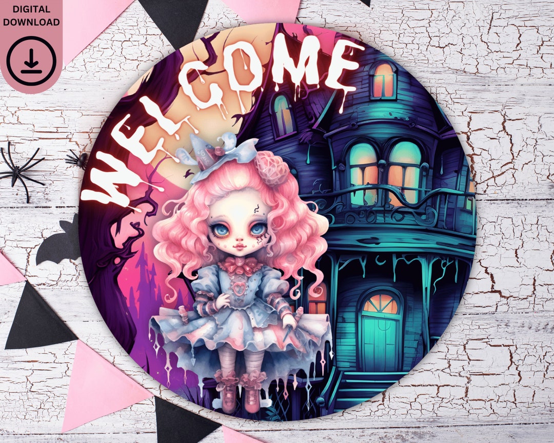 Gothic Doll Door Sign Round Sublimation PNG Halloween Spooky Wreath ...