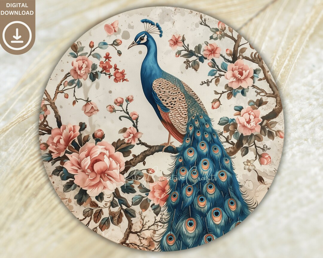 Peacock Welcome Door Sign Round PNG, Rustic Vintage Door Hanger Digital ...