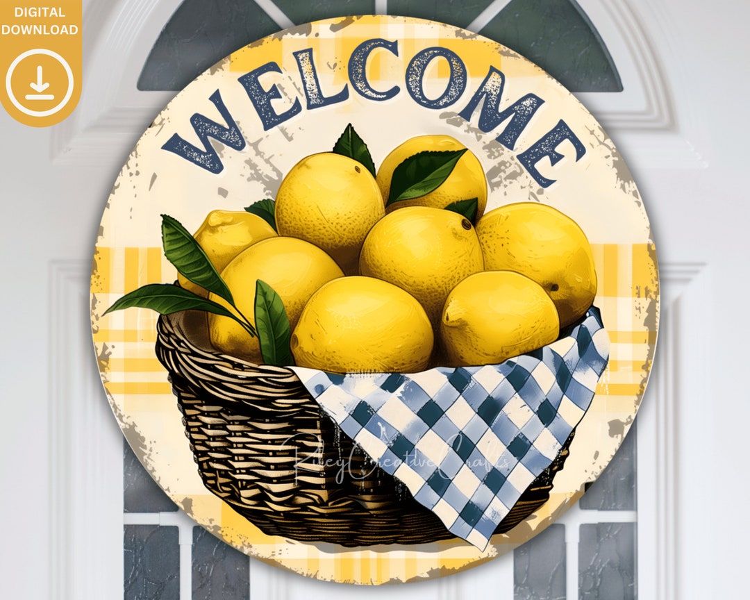 Lemon Door Sign Round PNG, Welcome Door Sign, Summer Sublimation Wreath ...