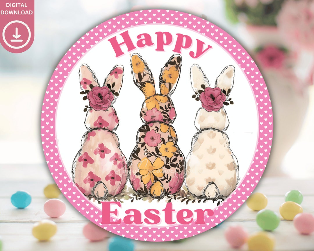 Happy Easter Wreath Sign PNG Bunny Door Hanger Sublimation Design Round ...