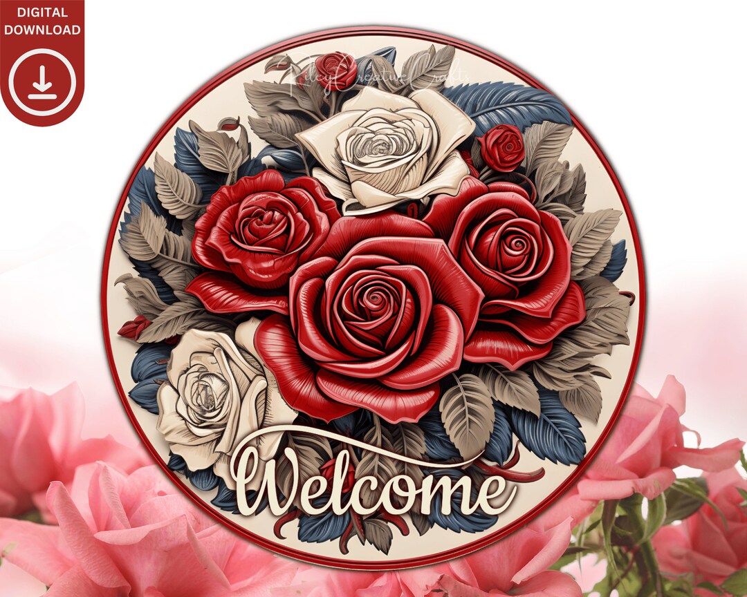 Spring Door Sign Round PNG, Welcome Door Hanger Red Roses Everyday ...