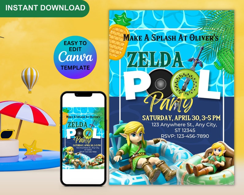 Zelda Party Invitation Zelda Tears of the Kingdom Summer Pool - Etsy