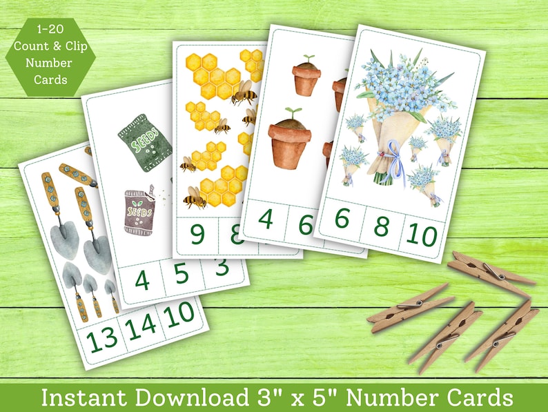 Number 1 to 20 Clip & Count Printable Flash Cards Spring - Etsy