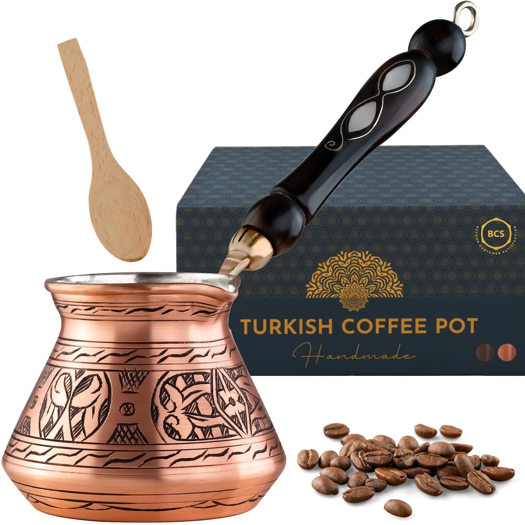 12 Oz Copper Turkish Greek Arabic Coffee Pot With Wooden Handle ...