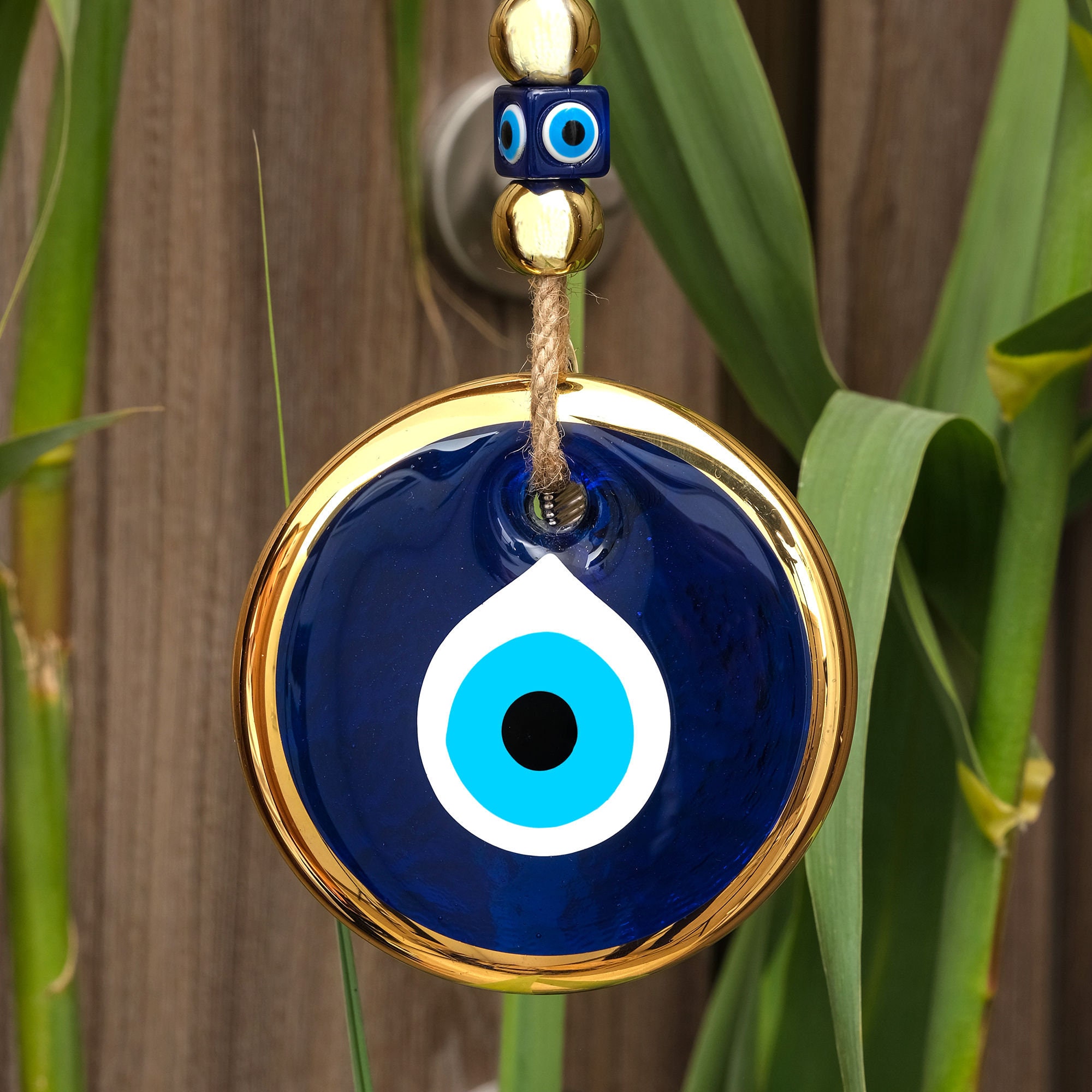 Blue Evil Eye Wall Decor Gold Border Design 4.3" Glass Hanging Ornament ...