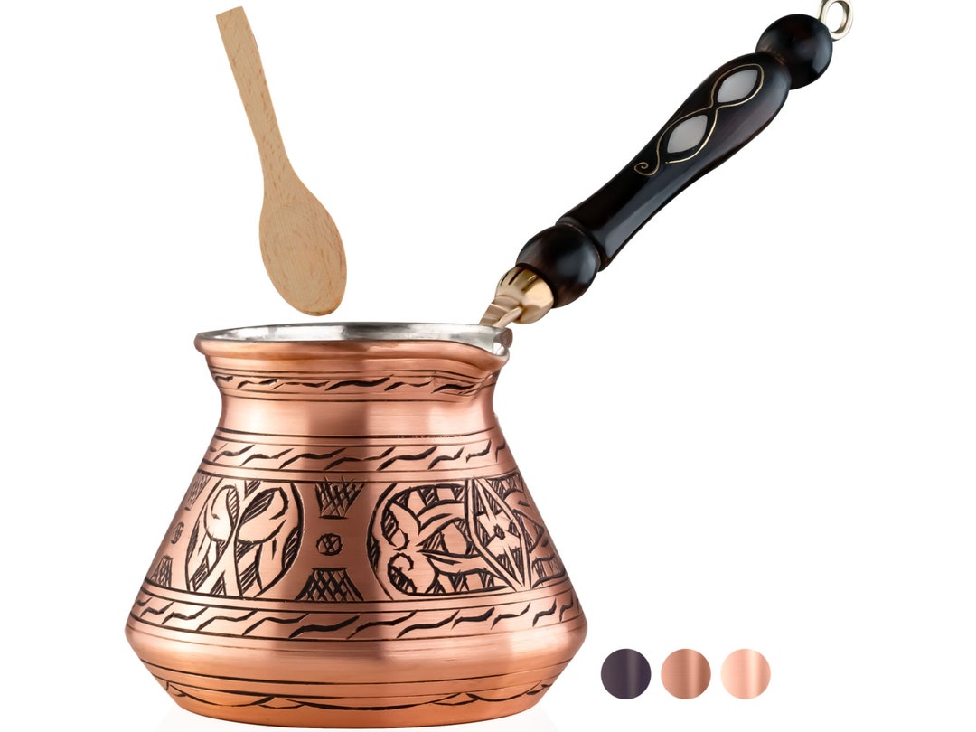 18 Oz X-large Copper Turkish Greek Arabic Coffee Pot With Wooden Handle ...