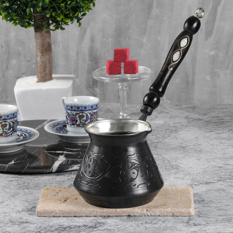 12 Oz Copper Turkish Greek Arabic Coffee Pot With Wooden Handle ...