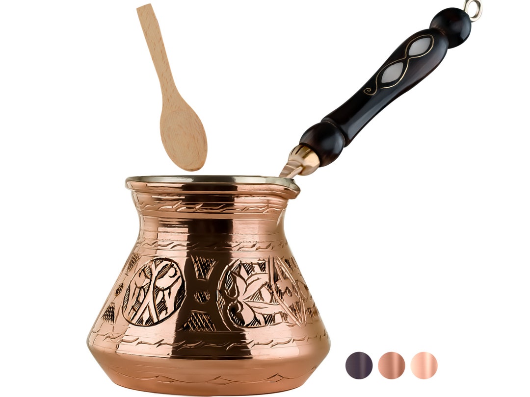 18 Oz X-large Copper Turkish Greek Arabic Coffee Pot With Wooden Handle ...