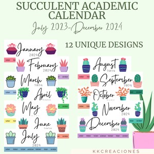 2023-2024 Academic Printable Calendar With Succulent Design Digital ...