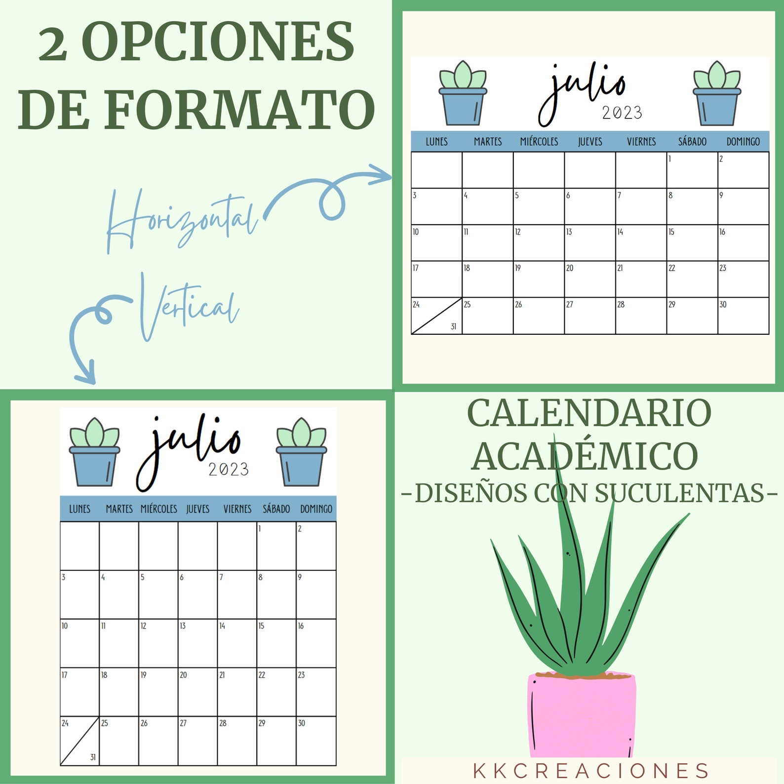 2023-2024 Spanish Academic Printable Calendar W/ Succulent Design ...