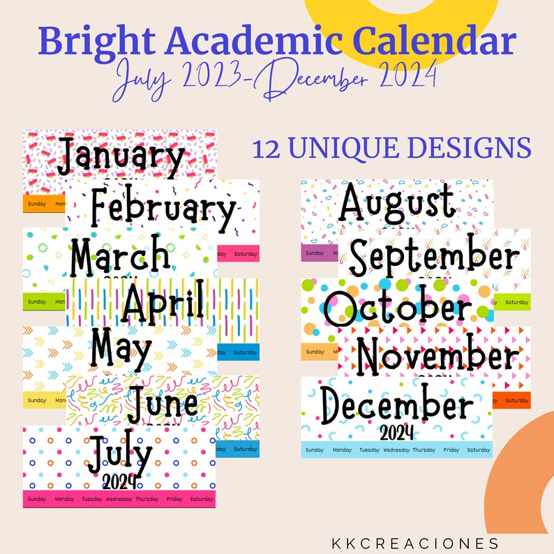2023-2024 Academic Printable Calendar With Bright Design Digital ...