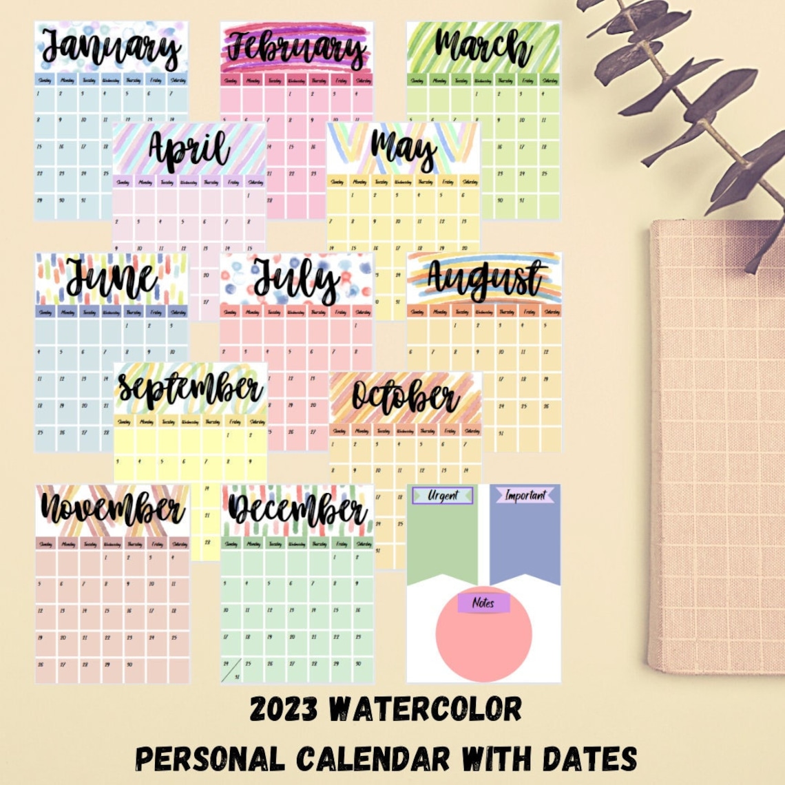 2023 Watercolor Printable Calendar English - Etsy