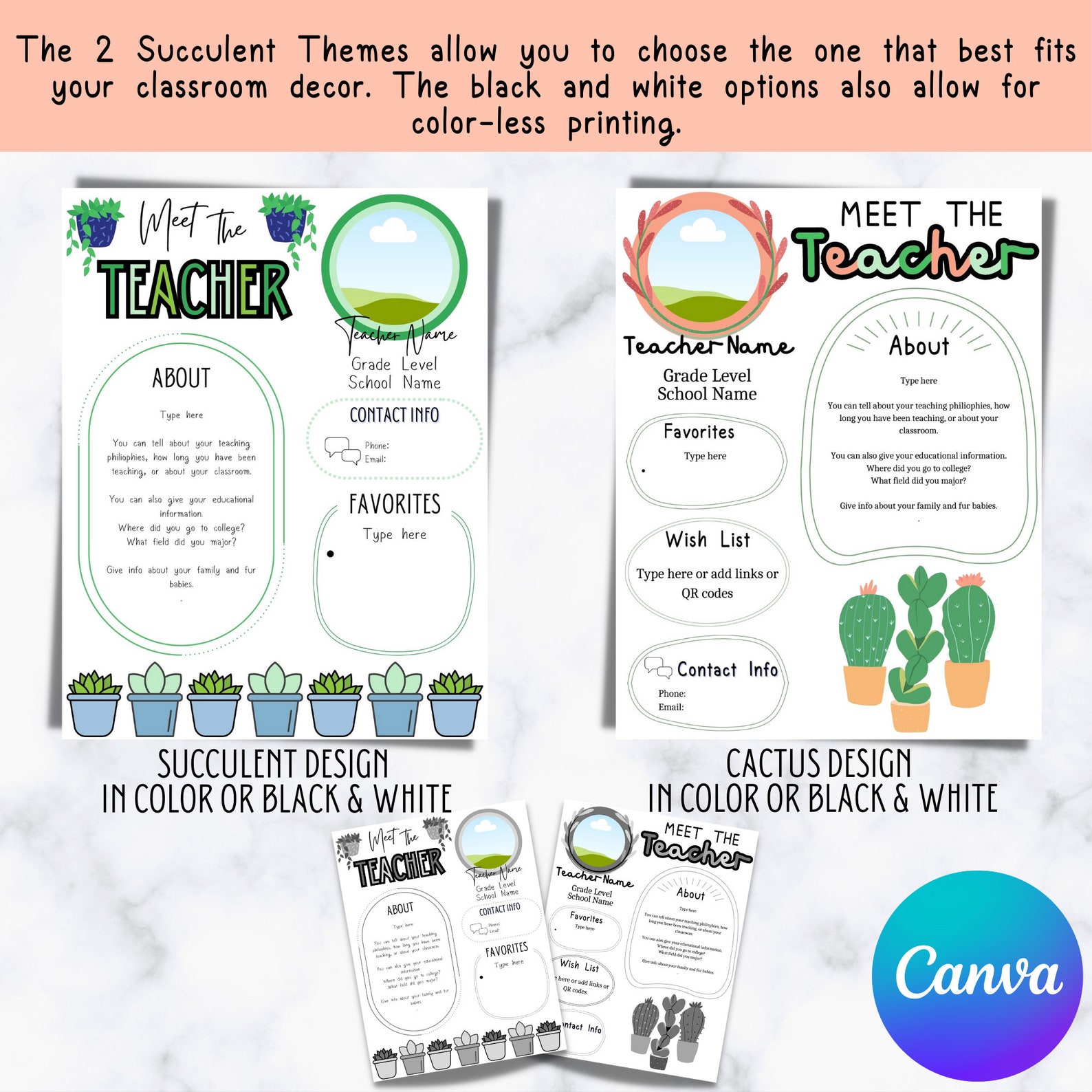 Succulent Meet the Teacher Canva Template Back to School Succulent ...