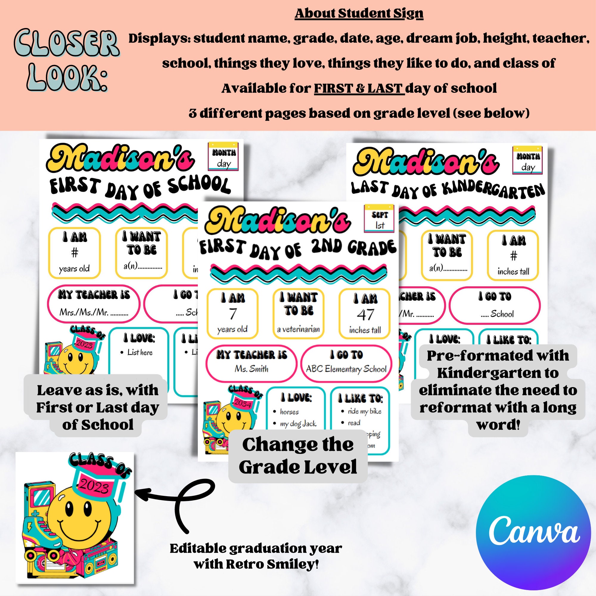 Retro Editable First Day of School Sign Bundle Back to School Sign ...