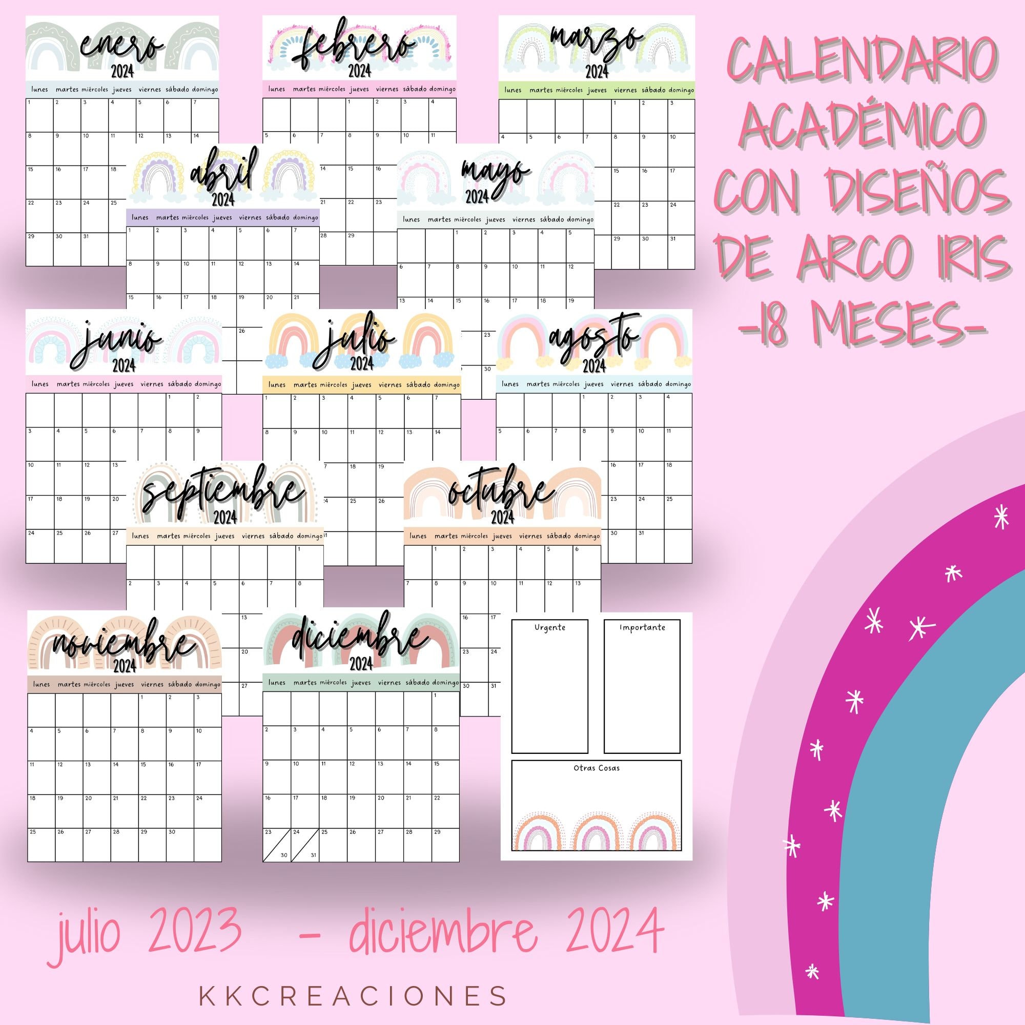 2023-2024 Spanish Printable Academic Calendar W/ Rainbows Calendario ...