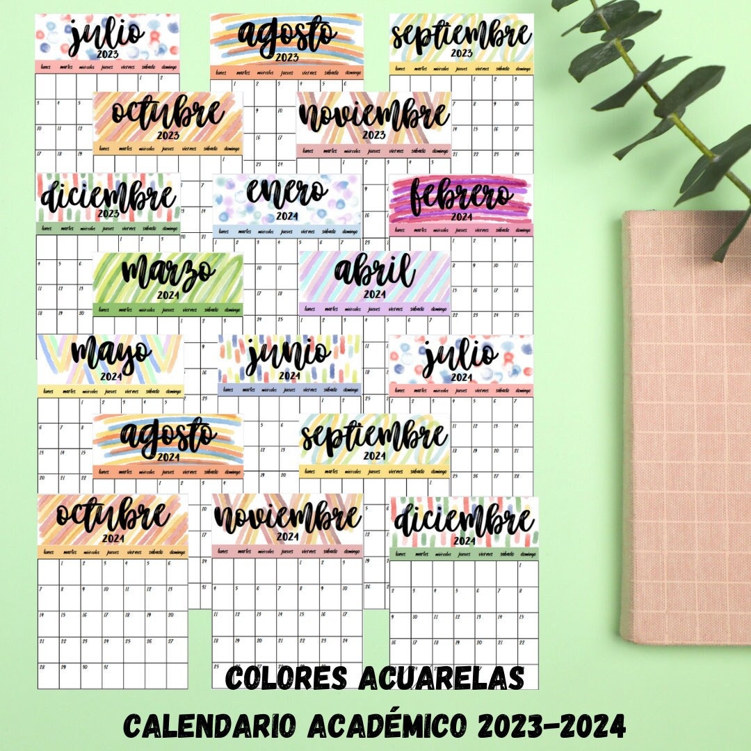 2023 Spanish Printable Academic Calendar With Watercolor Design Colores ...