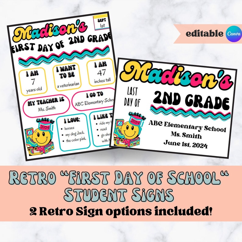 Retro Editable First Day of School Sign Bundle | Back to School Sign ...
